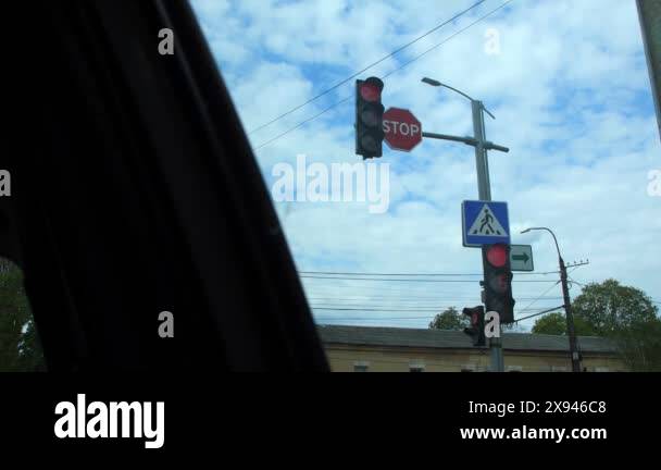 The view from inside the car at a traffic light that counts down and ...