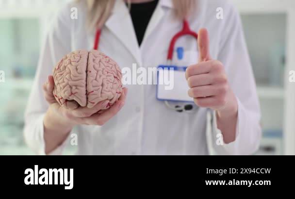 Human brain model and thumbs up. Brain diseases and successful ...