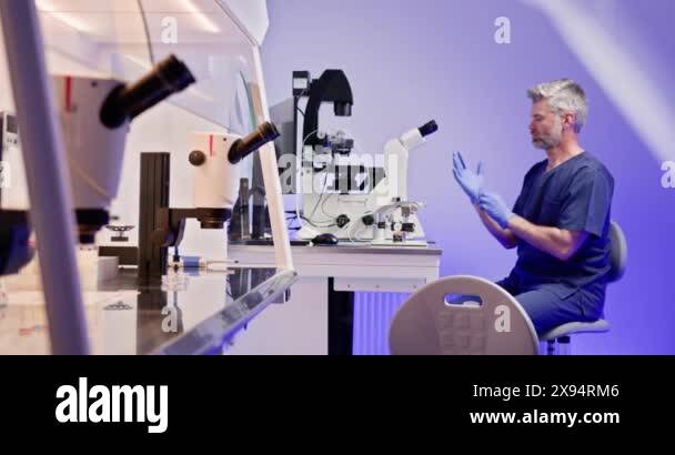 Embryologist performing artificial fertilization of a human egg in a ...