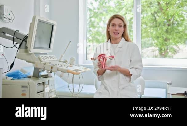 A female gynecologist in a clinic, demonstrating and explaining female ...