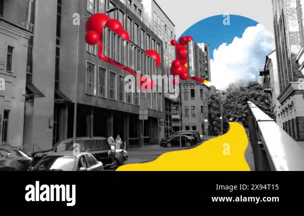 Urban street with monochrome modern buildings, oversized red spherical ...