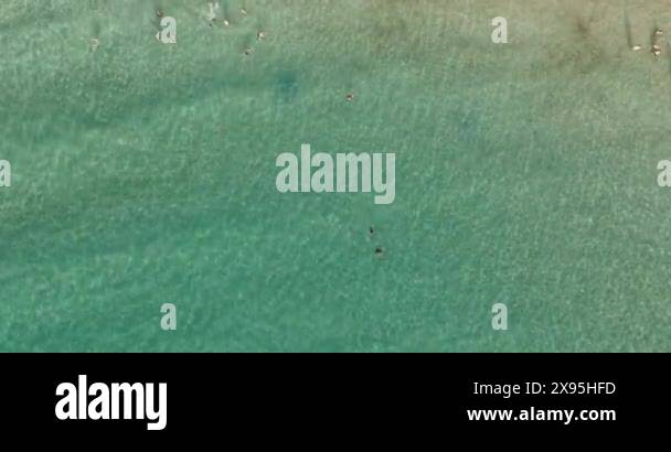 People enjoying a swim in clear blue sea water, seen from above. The ...