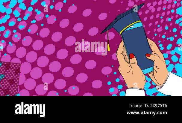 Cartoon Smartphone, comic book Telephone with Graduation cap. Retro ...