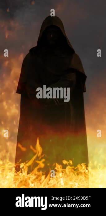 Vertical Dark Hooded Figure in Hell 4K Loop features a dark hooded ...