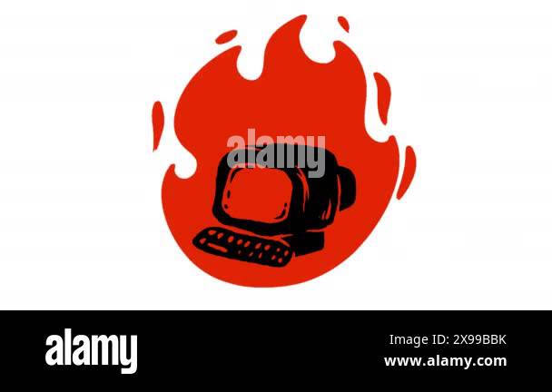 Cartoon burning old pc computer with fire flames in funny doodle style ...