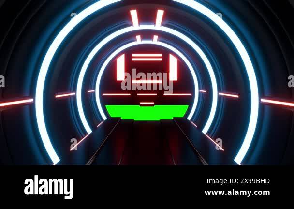 Opening gate or door in dark futuristic tunnel spaceship or science ...