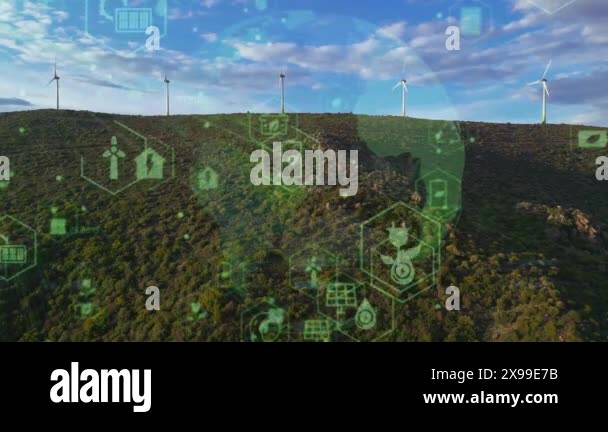 Alternative Energy. Wind farm. Aerial view of horizontal-axis wind turbines generating ...