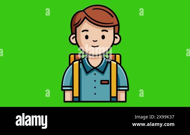 2D animation on green background, schoolboy with backpack over his ...