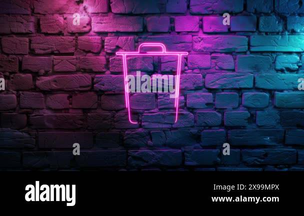 Video footage of Pink glowing Trash Icon neon on brick wall background ...