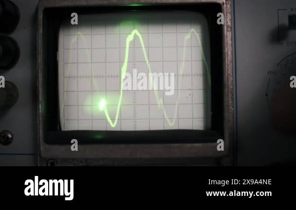 Hand adjusts knobs on a vintage oscilloscope, transforming the green ...