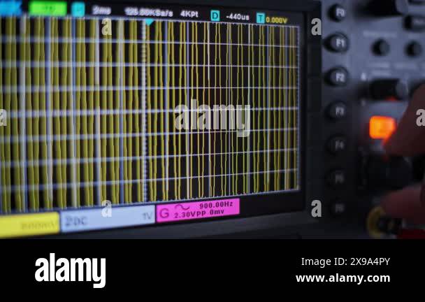 Close-up footage of an oscilloscope displaying a distinct square wave ...