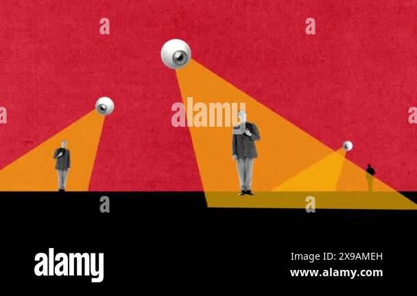 Pyramid of eyes focused on man, illustrating control through constant ...