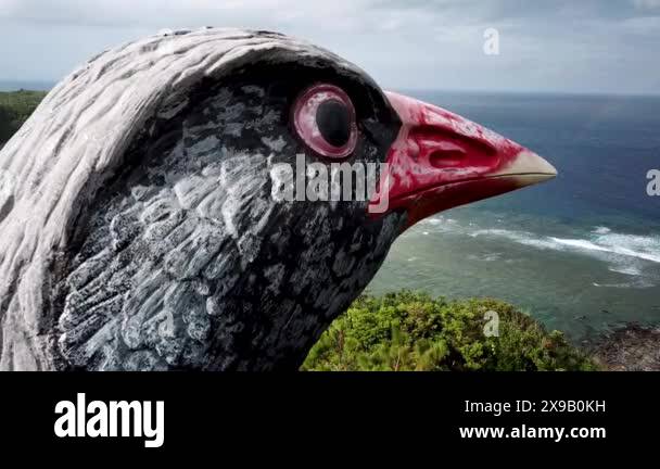 Aerial drone footage of a Huge statue of Yanbaru kuina. Endemic exotic bird in Okinawa. Okinawa ...