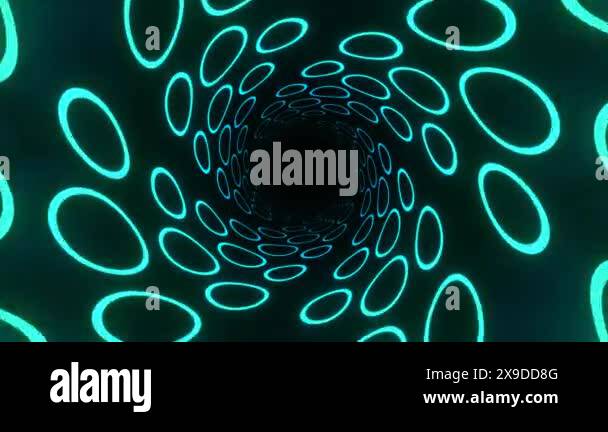 Neon glowing green circles emitting from a black hole. 3D rendering as seamless looping ...