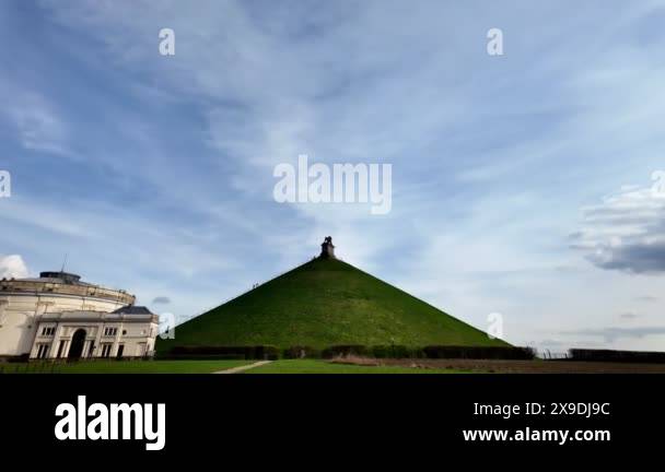 Waterloo, Brussels, Belgium, 15th of April, 2024, Aerial footage of the iconic Lions Mound in ...