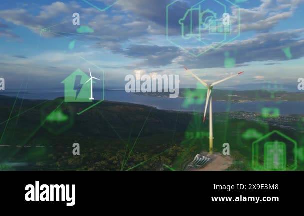 Alternative Energy. Wind farm. Aerial view of horizontal-axis wind turbines generating ...