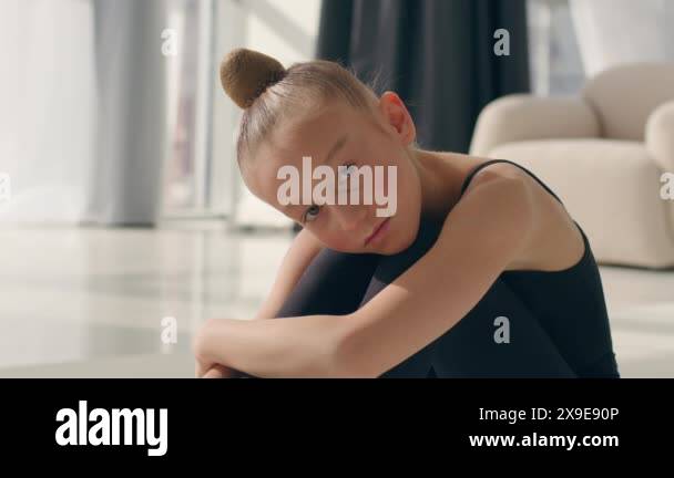 Little girl sad upset stressed offended tired bored Caucasian child kid ...