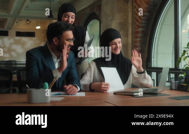 Business team workers women man colleagues happy friendly greeting ...