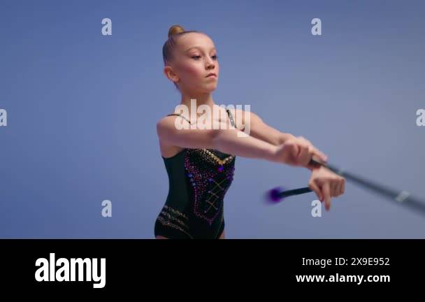Caucasian young little sport girl daughter schoolgirl child kid gymnast ...