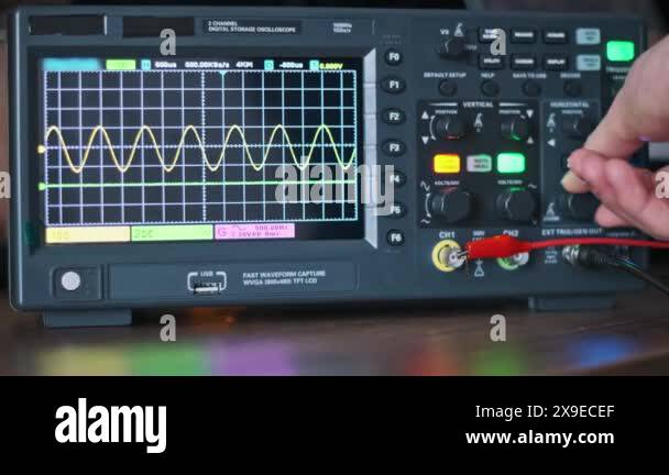 A hand carefully adjusts the amplitude of a yellow sine wave on an ...