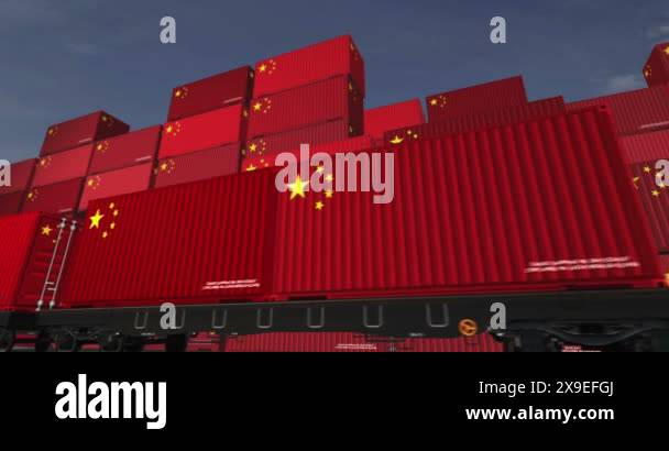 China export production and import containers on a freight wagons loop ...