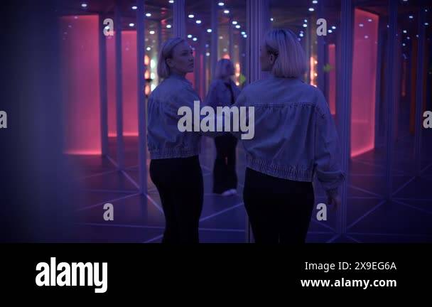 Confident Female Person Moving Inside Hall of Mirrors Seeing Self ...