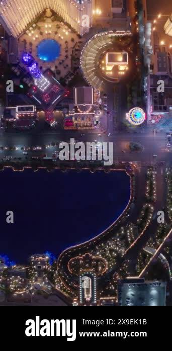 Vertical Screen: Stunning aerial vertical footage captures the lively Las Vegas Strip at night ...