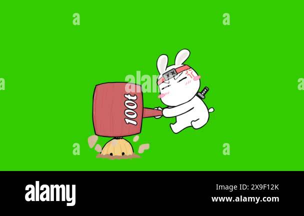 Animated ninja rabbit angrily using a 100-pound hammer to smash, on a ...