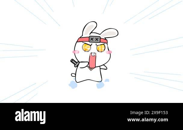 Animated ninja rabbit startled turned into ice, white background Stock ...