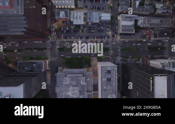 Birds eye view of a downtown area of a major american city at dusk ...