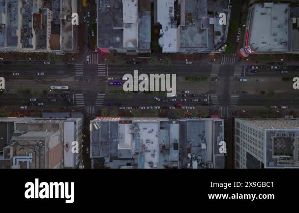 Birds eye view of busy downtown street in an american city with traffic ...