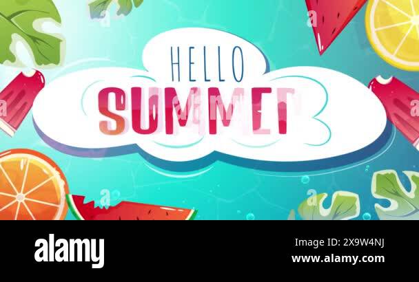 Hello Summer moving background. Colorful banner with tropical leaves ...