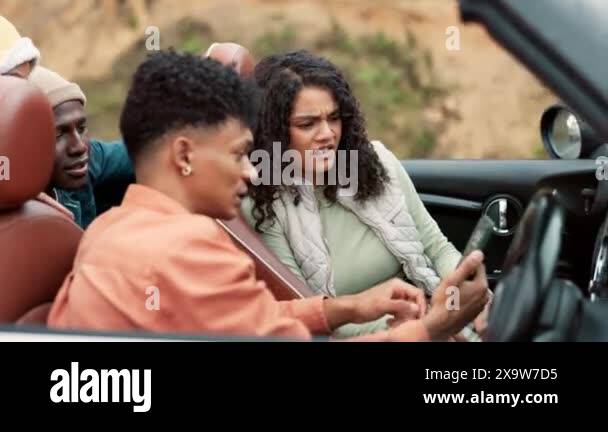 Car, phone and friends argue outdoor with direction, conflict or lost ...