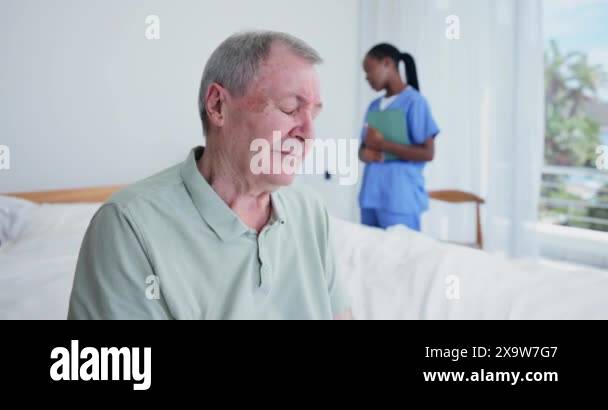 Retired, thinking and hospital or man with wife and sad news or pain ...