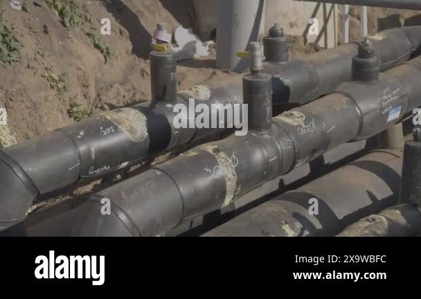 Plastic pipes used for laying water supply system in urban area. Laying ...