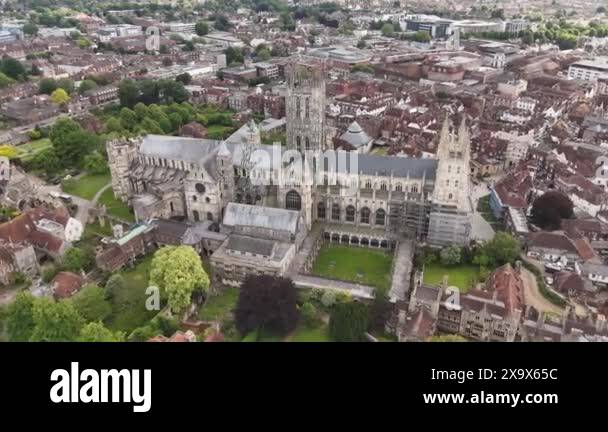 Flight over Canterbury Cathedral in United Kingdom in the historic town ...