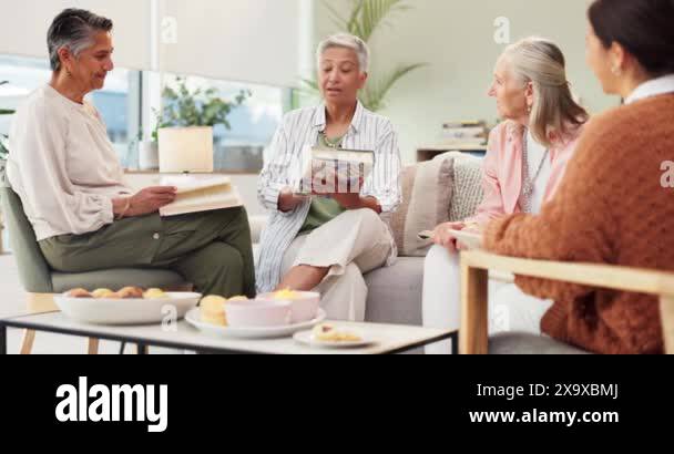 Book club, discussion and group of friends in living room for knowledge ...