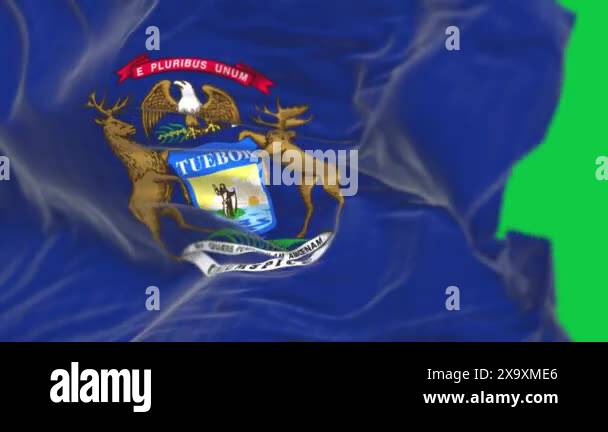 Close-up of Michigan state flag waving in the wind Seamless 3D render ...