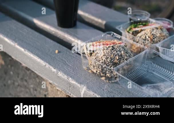 Two sushi burgers rest in takeaway containers on a park bench, a ...