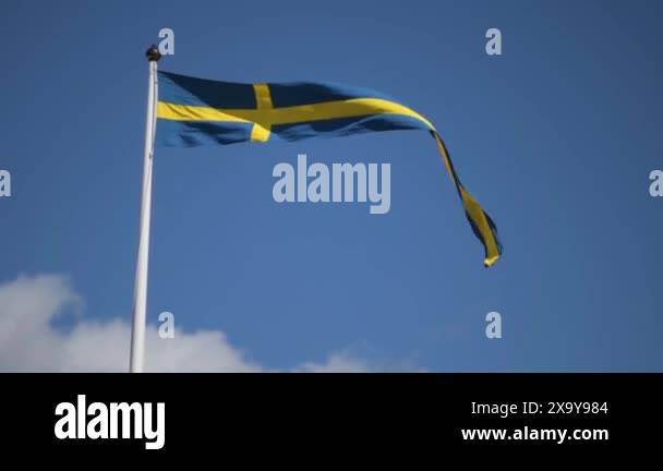 Swedish flags waving with the wind flow under the blue sky for national ...