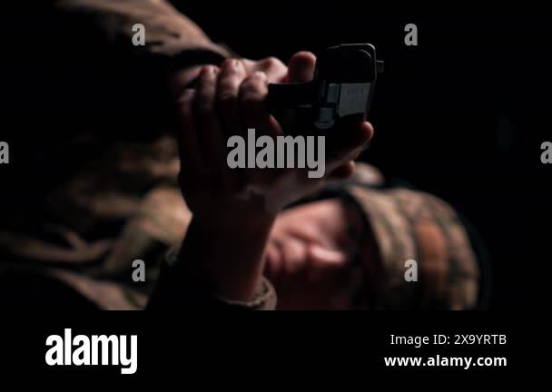 vertical video close-up at a professional shooting range military ...