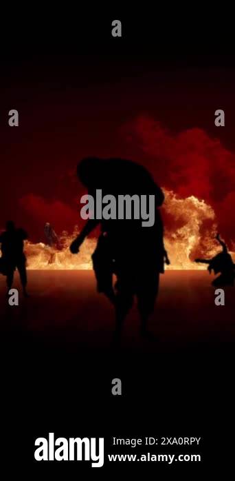 Vertical Zombie Fire Silhouette 4K features silhouettes of walking ...