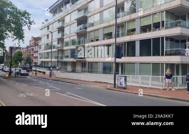 Central Chelsea London city on River Thames Albert Bridge Road area ...