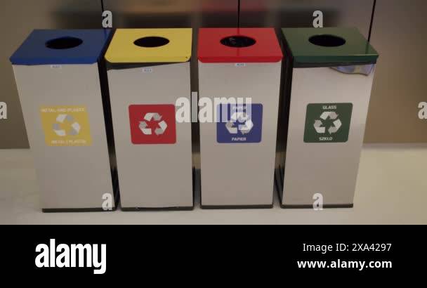 Colored boxes, waste sorting, metal, plastic, glass, bulbs, organic ...