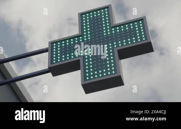 Pharmacy sign outside. Neon medical bright shining glowing green ...