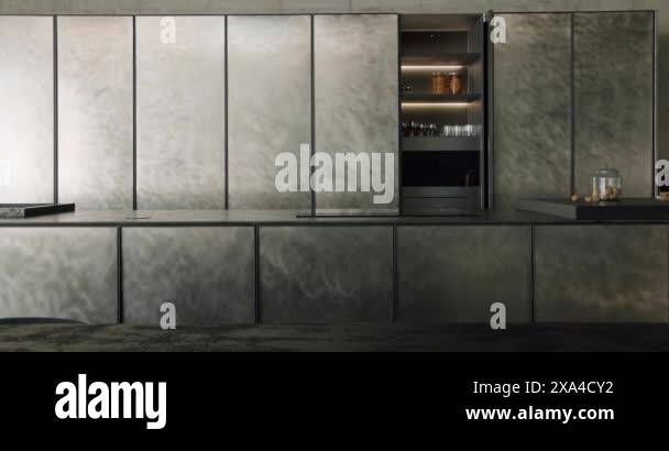 Elegant contemporary kitchen showcases backlit shelves and steel ...