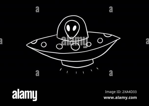 Hand-drawn doodle UFO alien animation on transparent background. SCI-FI ...