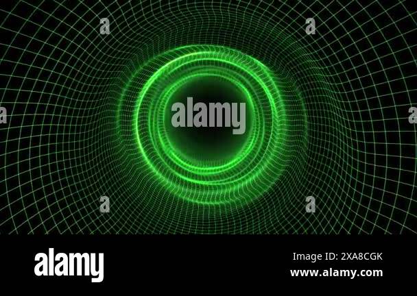 Seamless loop animation of abstract wavy tunnel made of green technological grid with bright ...