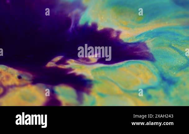 Water paint spill. Sequin fluid. Sparkling emulsion. Defocused purple ...