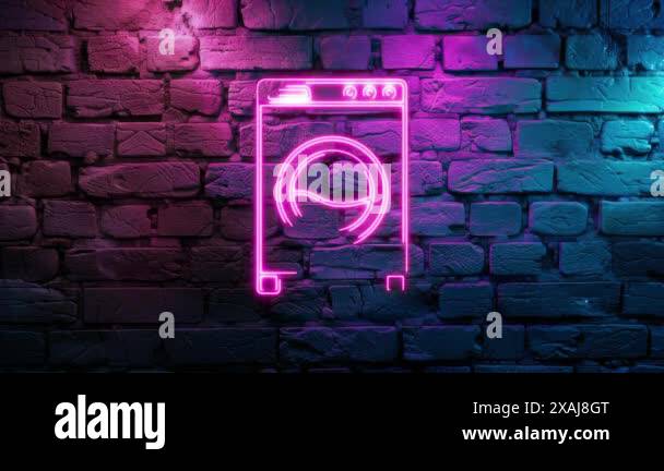 Video footage of Pink glowing Washing Machine Icon neon on brick wall ...